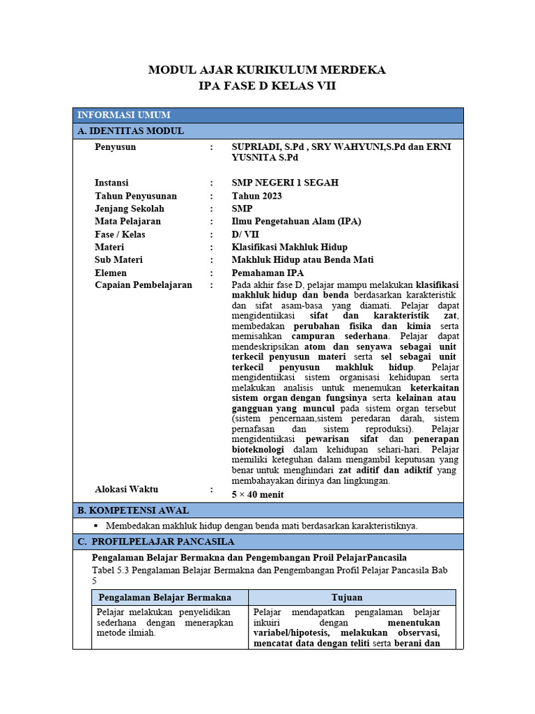 Contoh - Modul Ajar Kelas 7 IPA | PDF