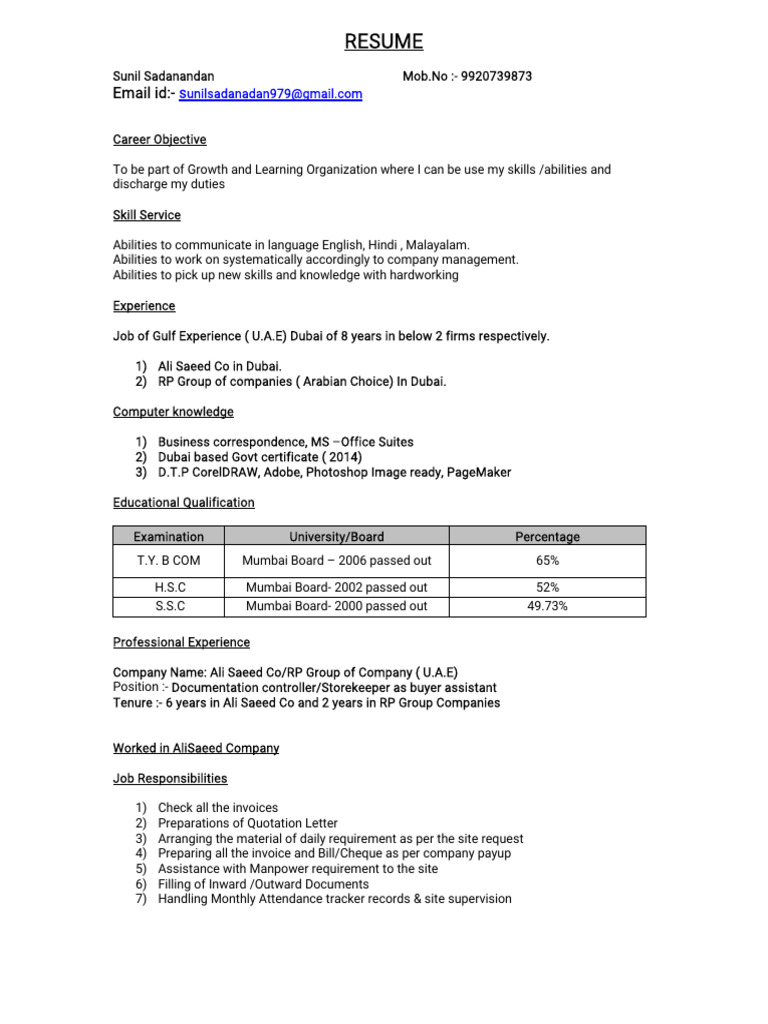 CV - Sunil Sadanandan - Latest Resume | PDF