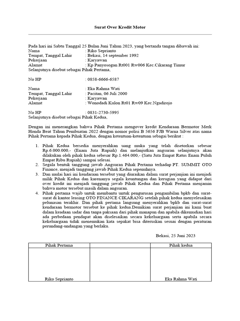 Surat Over Kredit Motor1111 | PDF