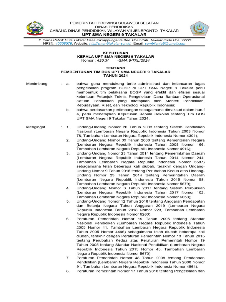 (Panduanmengajar - Com) - Contoh SK Tim BOS Sekolah 2024 | PDF