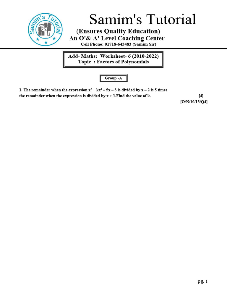 Worksheet-6 Factors of Polynomials (2010-2022) | PDF | Factorization | Quadratic Equation