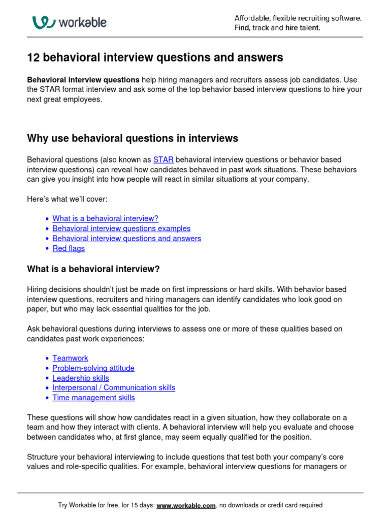 sample-behavioral-interview-questions | PDF | Recruitment | Leadership