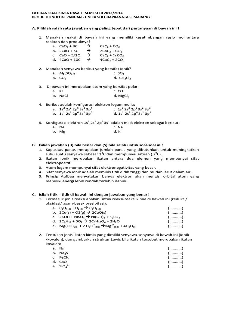Lat Soal Dan Uts Kimia Dasar 2013-2014 | PDF