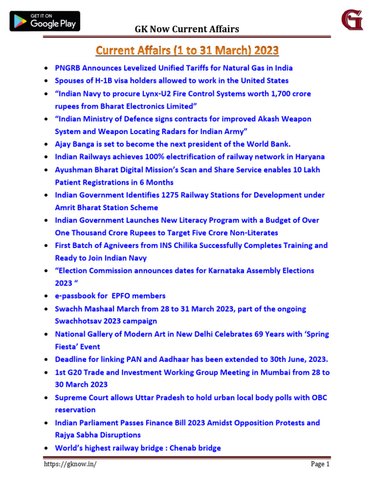 Latest Current Affairs in India | PDF | Government Of India
