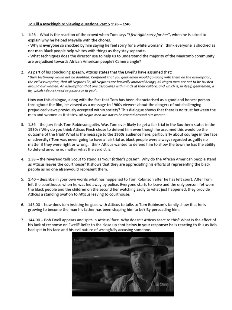 To Kill A Mockingbird Viewing Questions Part 5 | PDF