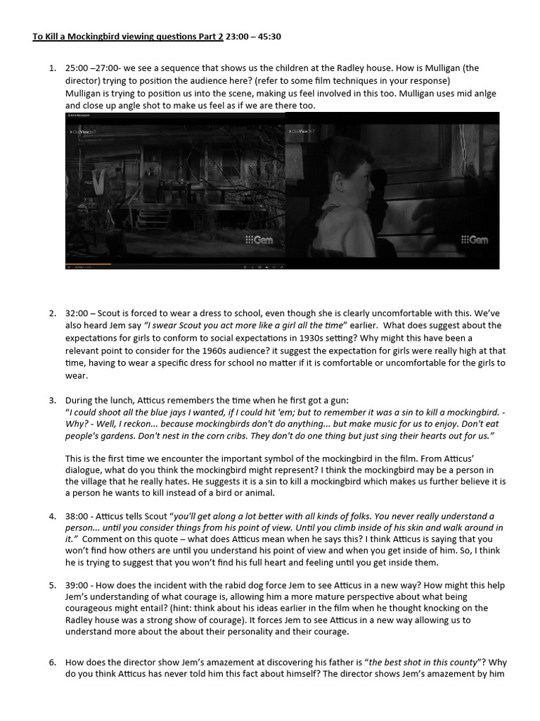 To Kill A Mockingbird Viewing Questions Part 2 | PDF | To Kill A ...