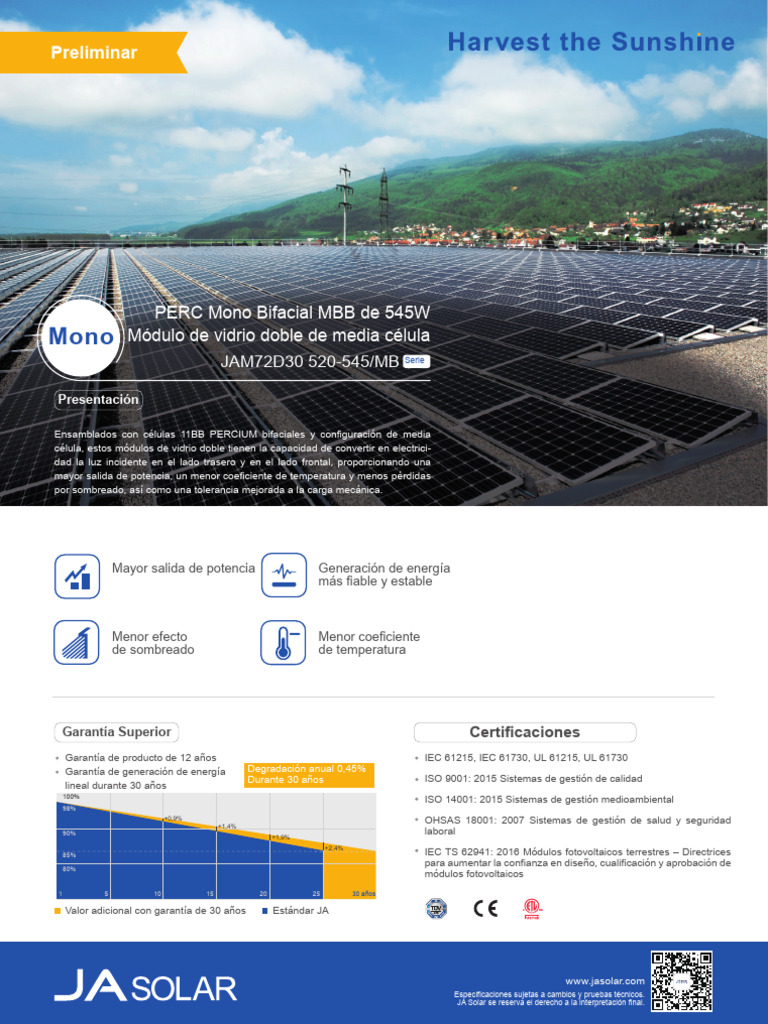 Ja - Solar - TDS - 525-550 - JAM72D30 - MB - ES PRELIMINAR | PDF ...