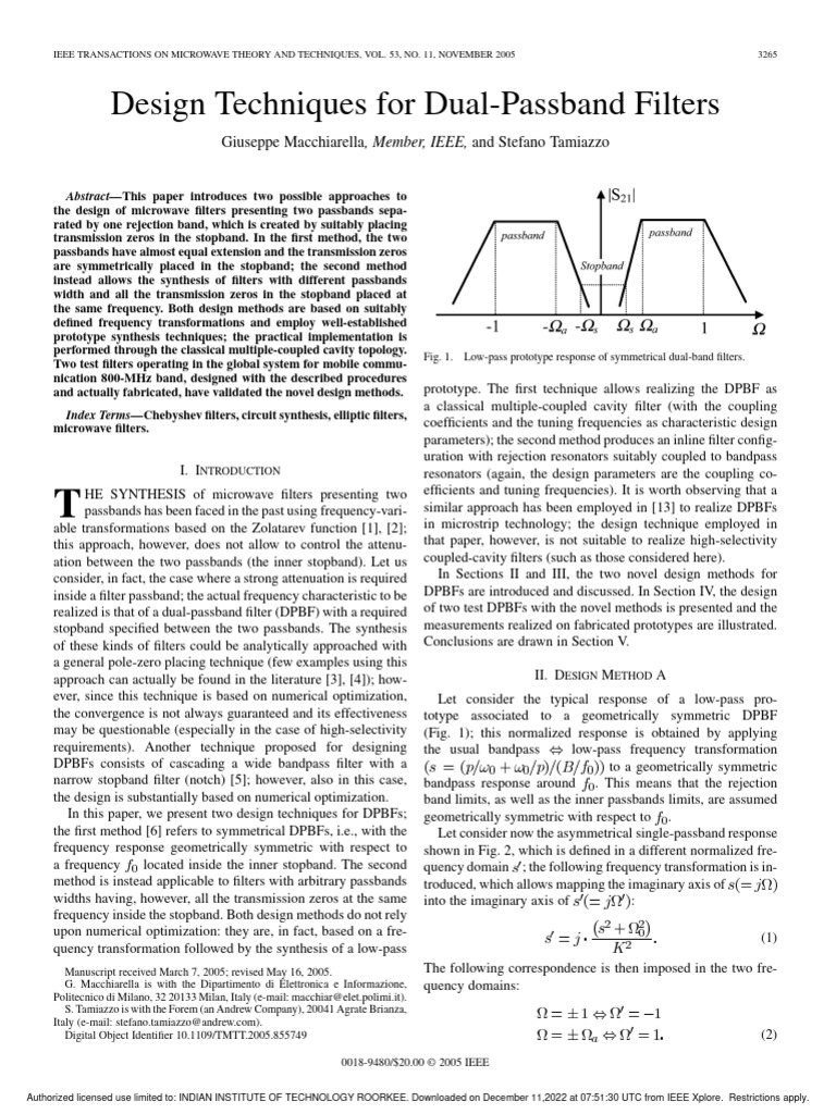 Design Techniques For Dual Passband Filters Pdf Electronic Filter Filter Signal Processing