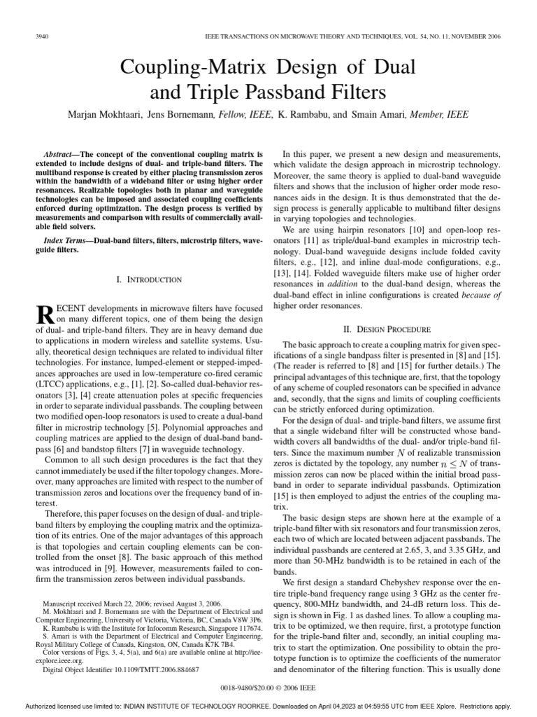 Coupling-Matrix Design of Dual and Triple Passband Filters | PDF ...
