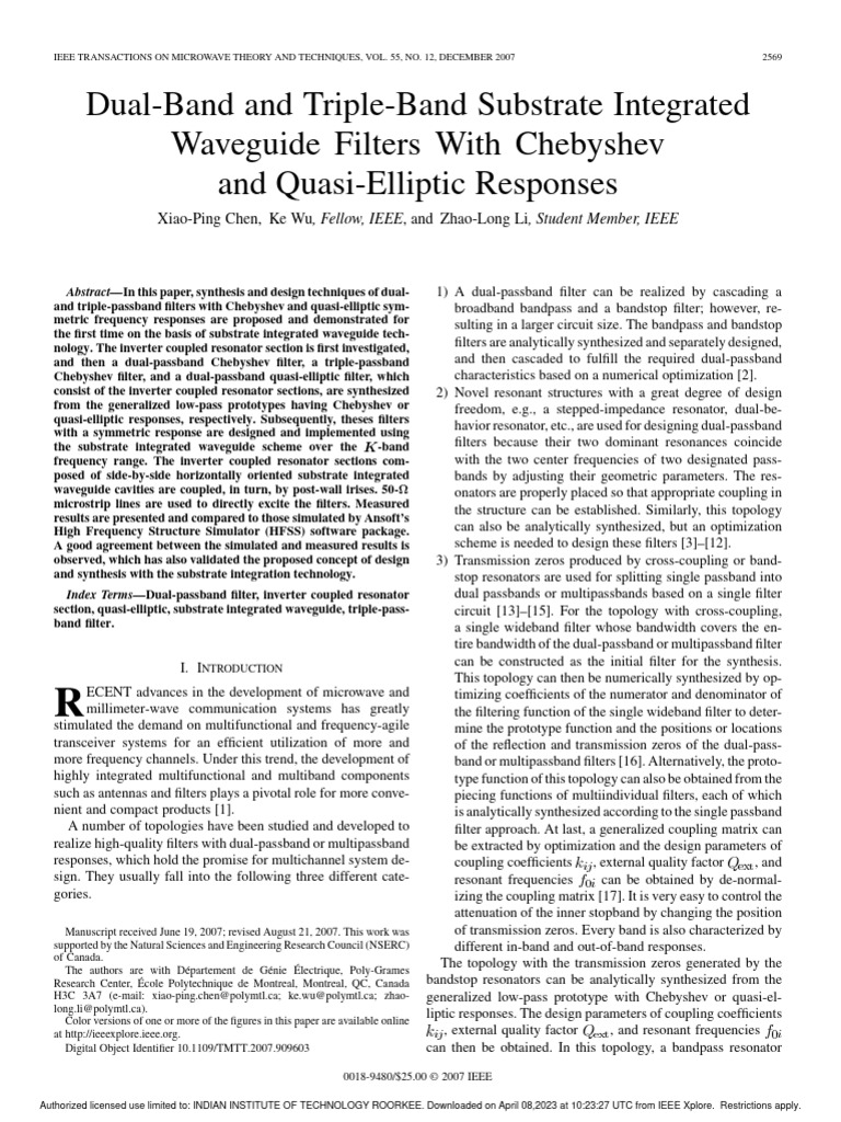 Dual-Band and Triple-Band Substrate Integrated Waveguide Filters With Chebyshev and Quasi ...