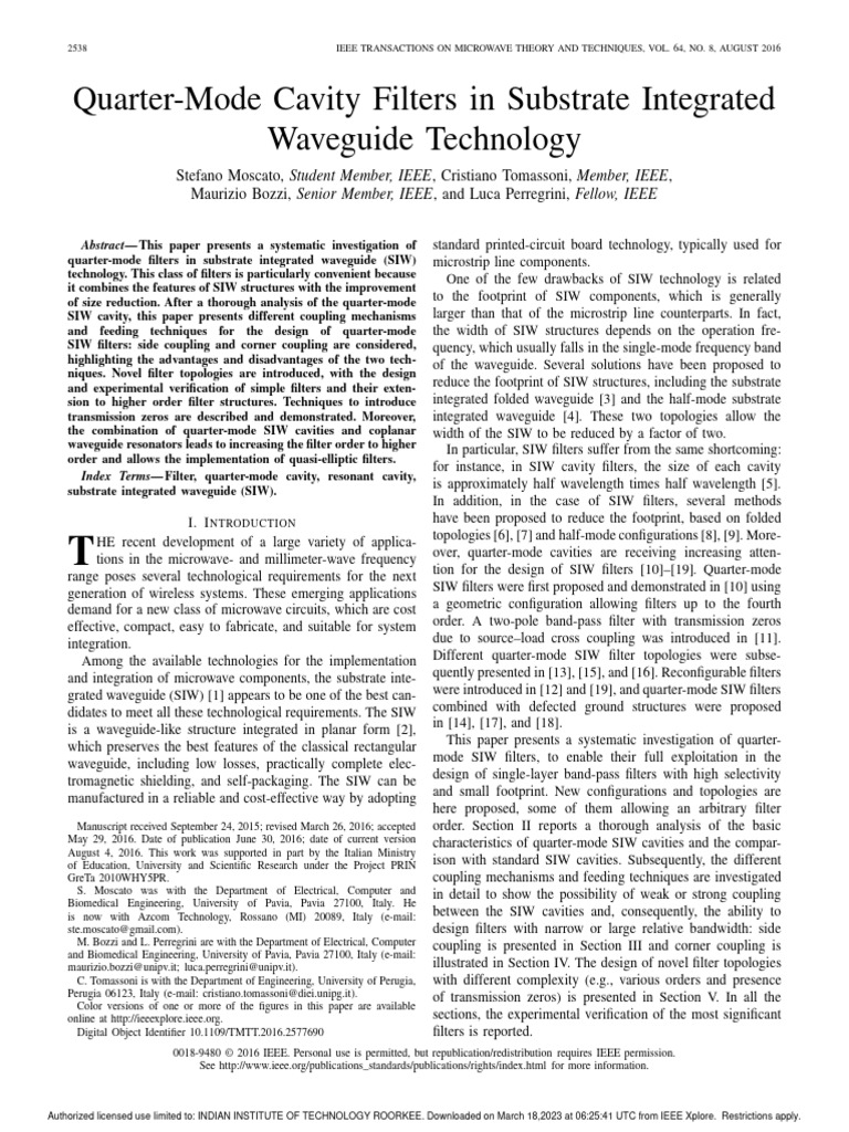 Quarter-Mode Cavity Filters in Substrate Integrated Waveguide Technology | PDF | Filter (Signal ...