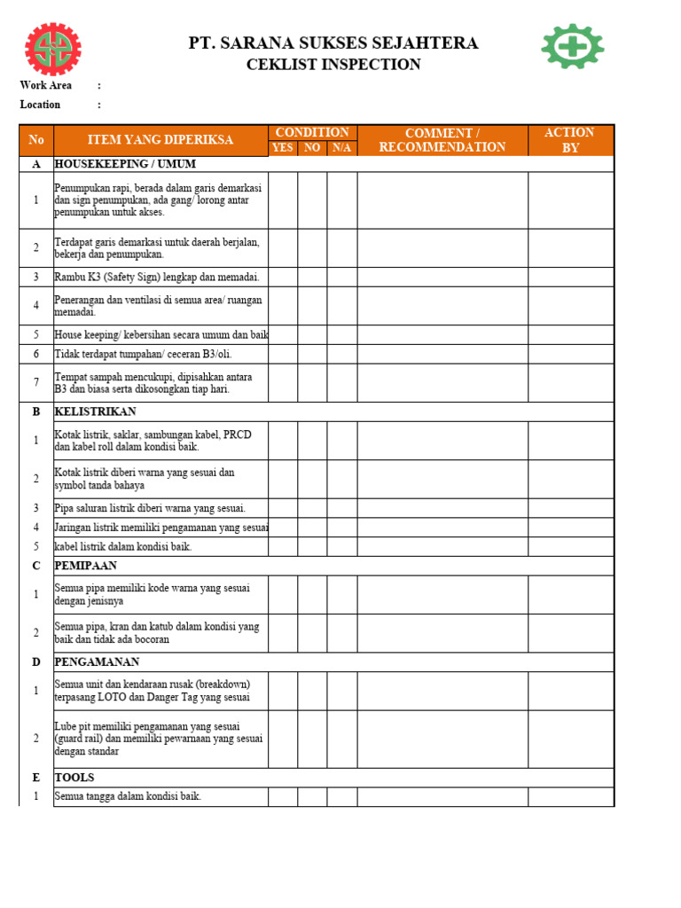Ceklist Inspeksi Keselamatan PT. Sarana | PDF