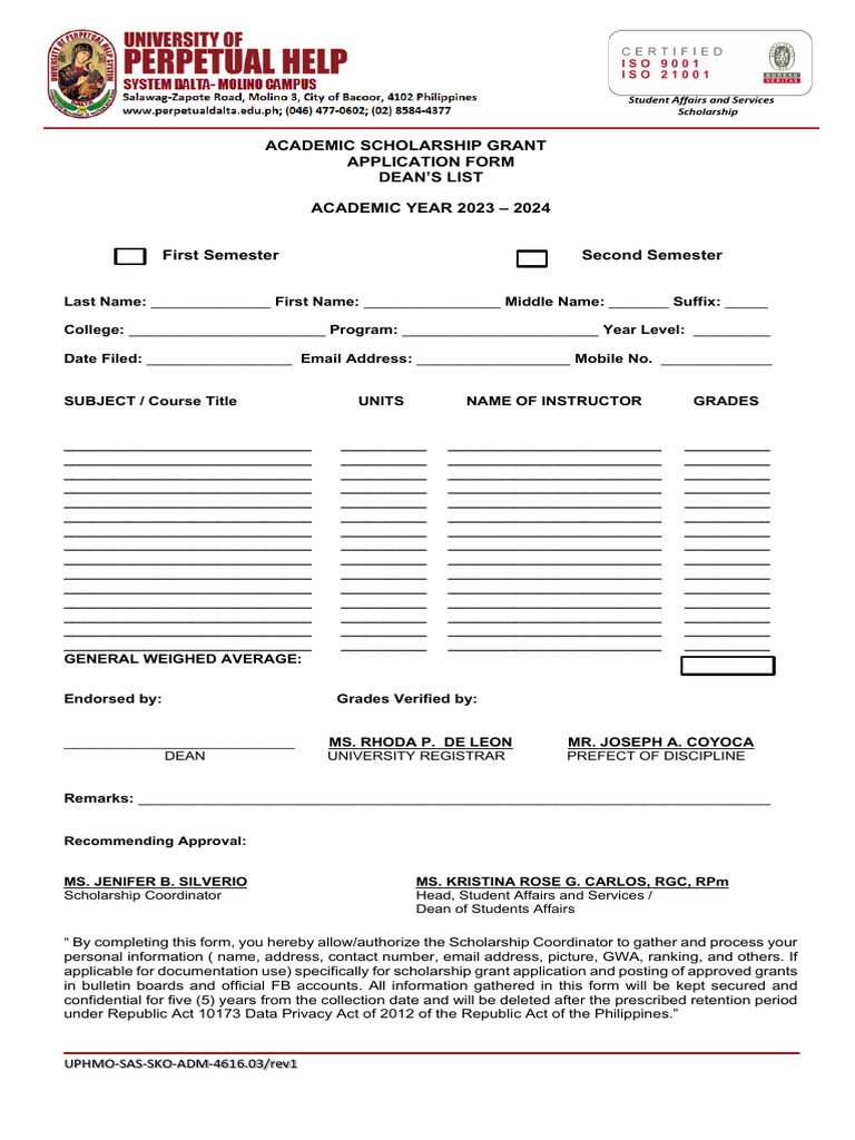 Deans List Scho. App. Form | PDF