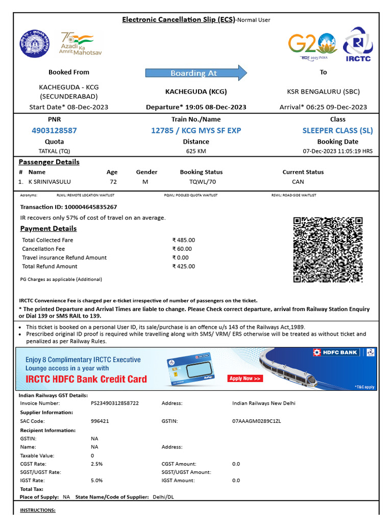 KCG Mys SF Exp Sleeper Class (SL) : Electronic Cancella On Slip (ECS) | Download Free PDF ...
