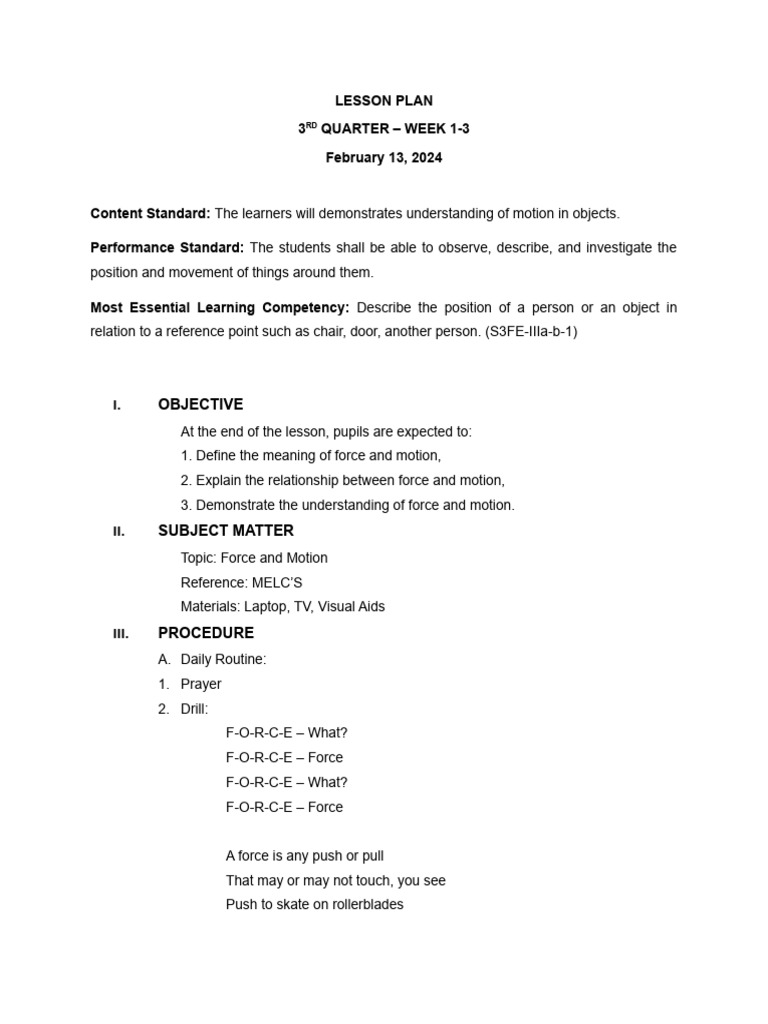 Science-LESSON PLAN | PDF | Force | Lesson Plan