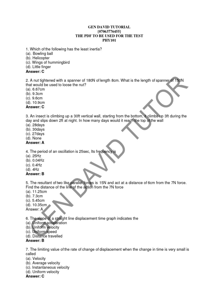 A Gen David Phy101 PDF | Download Free PDF | Force | Acceleration