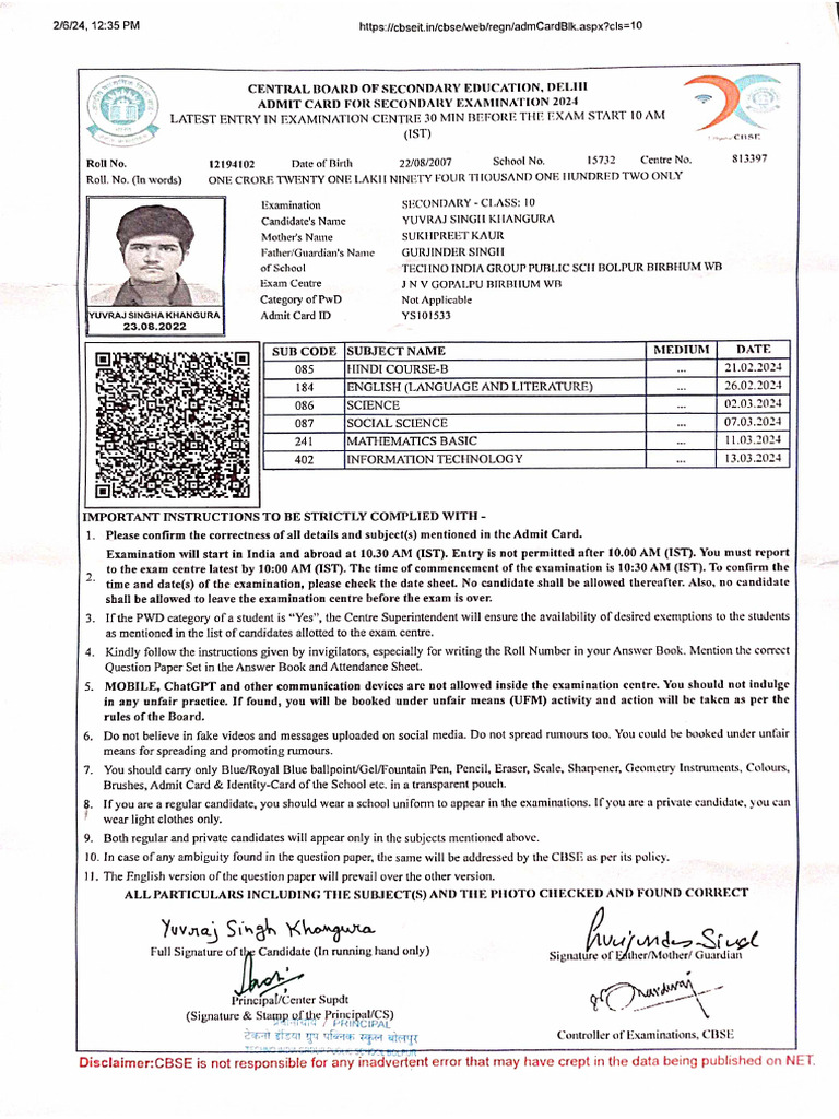 Admit Card Class 10 Board Examination Session 2023-24 | PDF