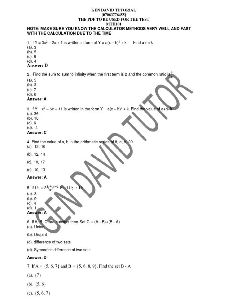 A Gen David MTH101 PDF | PDF | Mathematics | Abstract Algebra A Gen David MTH101 PDF | PDF | Mathematics | Abstract Algebra