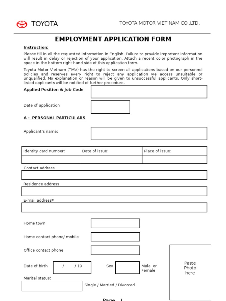 Form Aplly Toyota | PDF | Employment | Social Institutions
