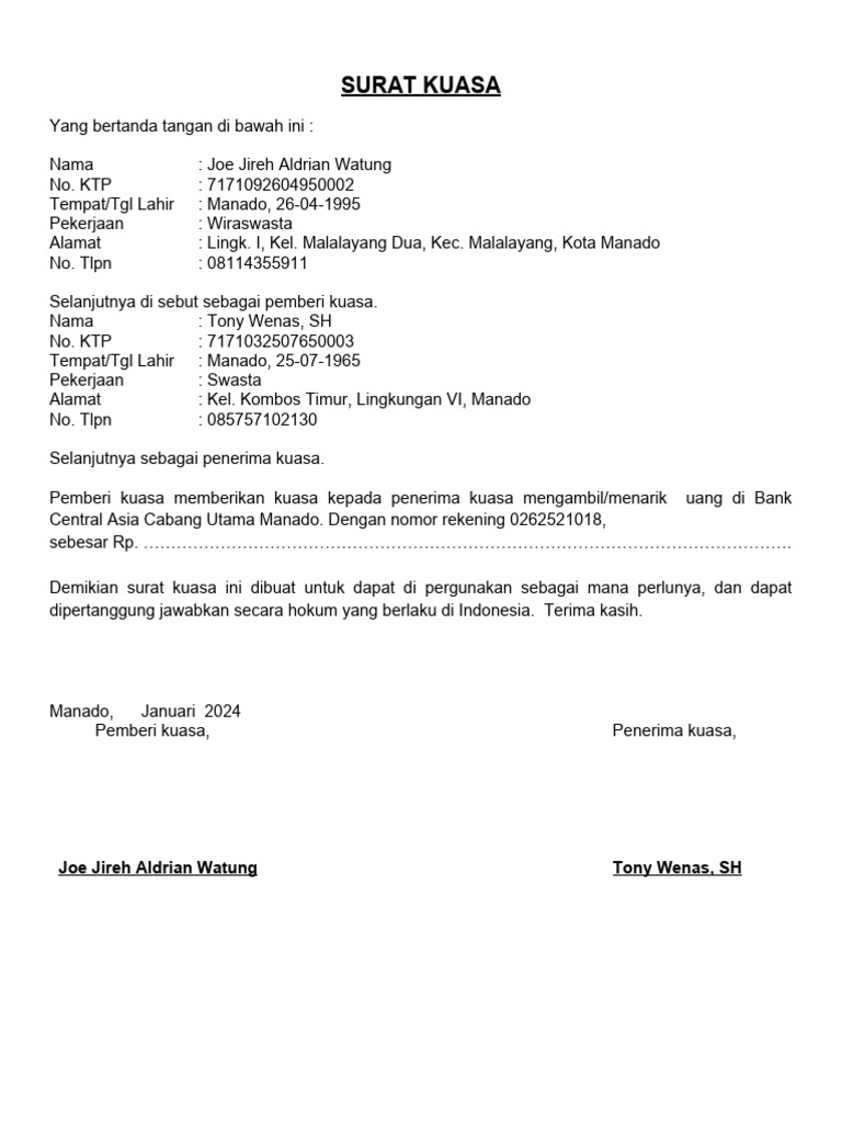 Surat Kuasa Tarik Uang Di Bca | PDF