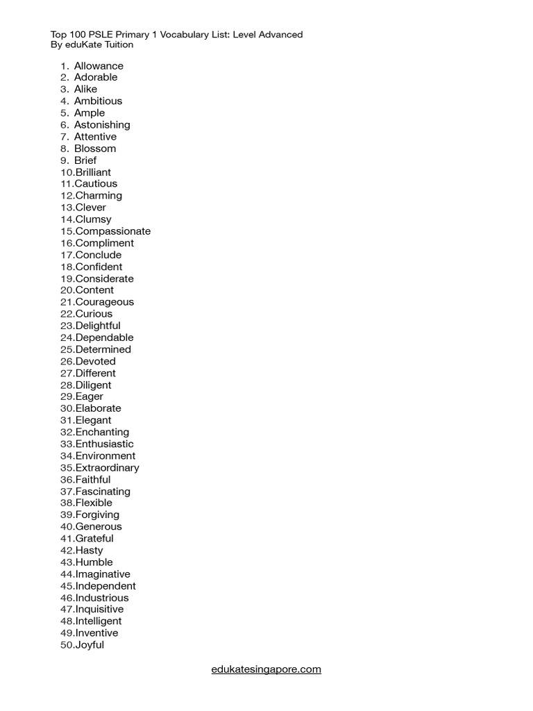 PSLE Primary 1 Advanced Vocabulary List | PDF