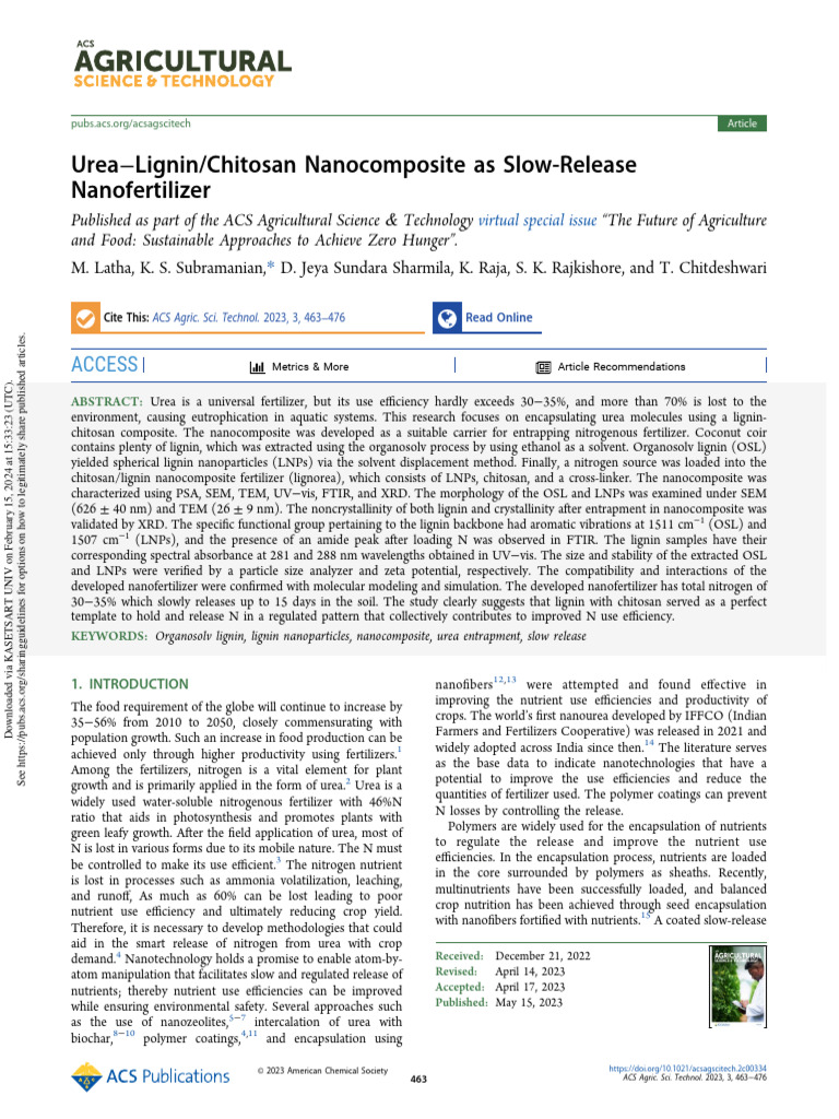 Latha Et Al 2023 Urea Lignin Chitosan Nanocomposite As Slow Release ...