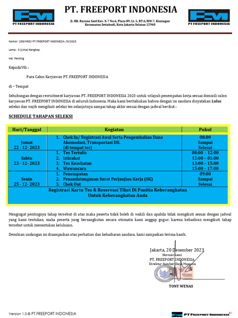 Surat Panggilan Interview PT Freeport Indonesia | PDF