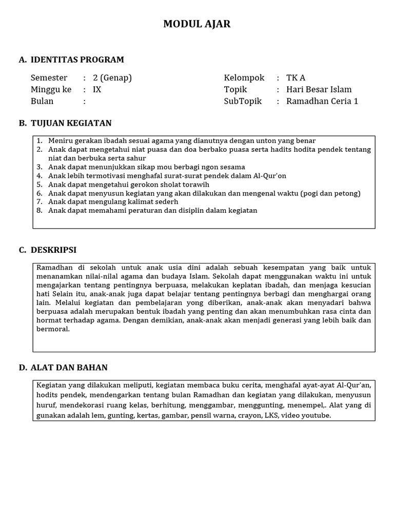 Modul Ajar Ramadhan 1 TK A | PDF