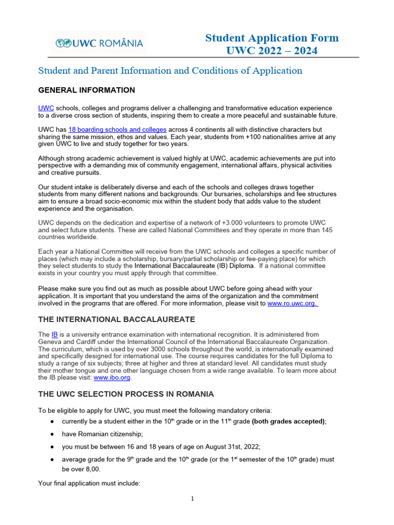 UWC Romania Student Application 2022 | PDF