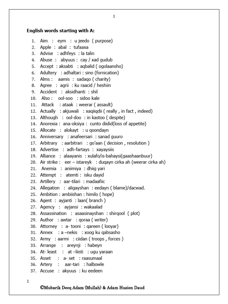 English To Somali Words. | PDF