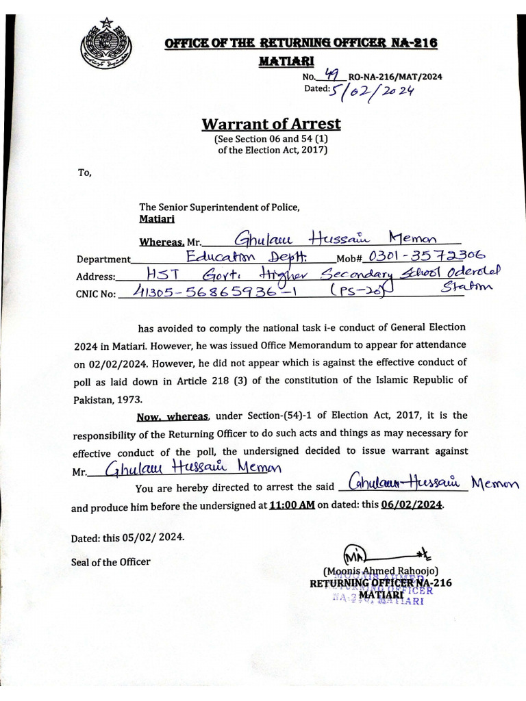 Arrest Warrant District Matiari | PDF
