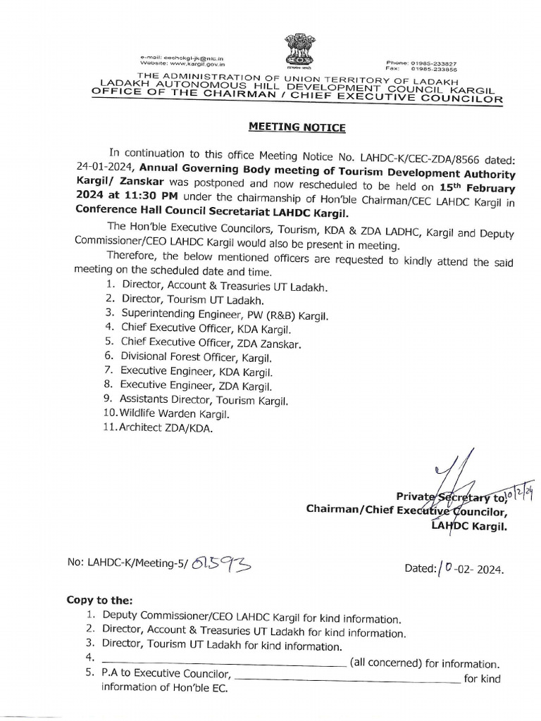 Meeting Notice Kargil Tourism Dev Authority | PDF