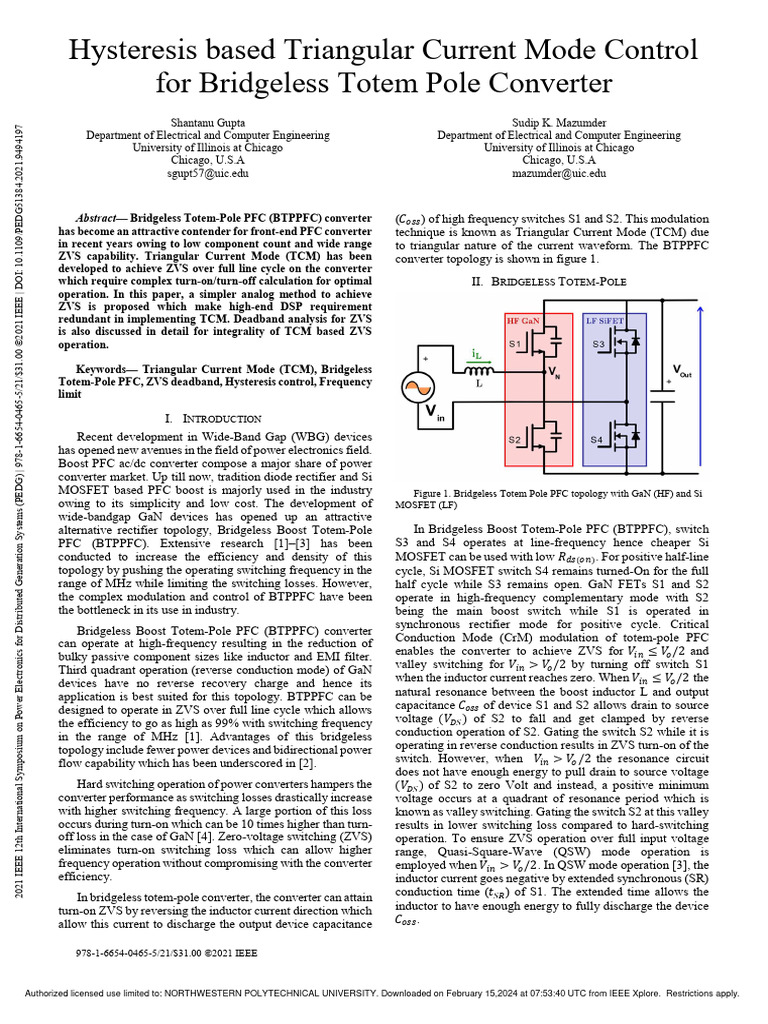 Hysteresis Based Triangular Current Mode Control For Bridgeless Totem ...