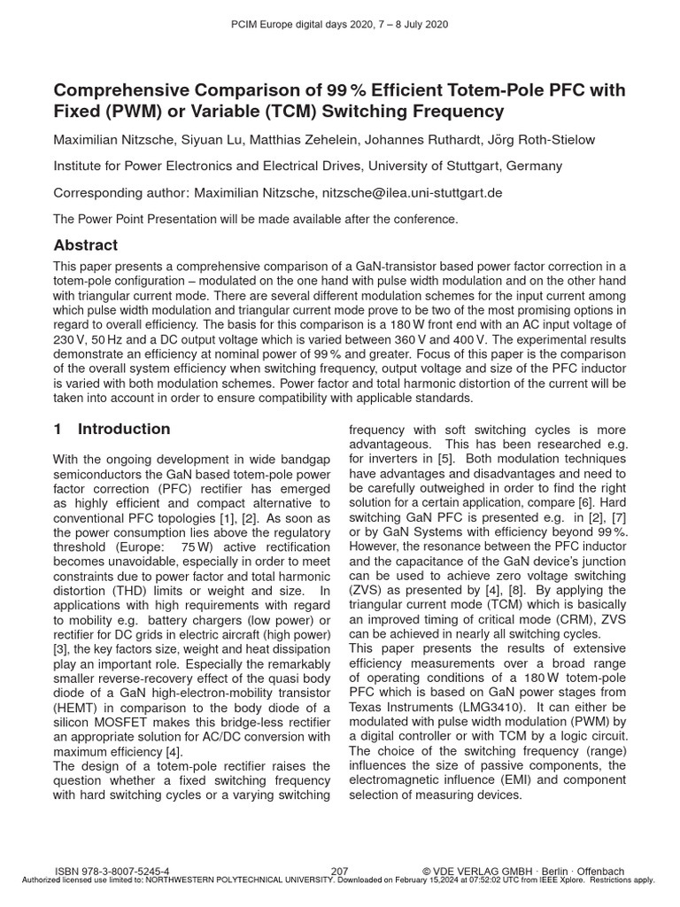 Comprehensive Comparison of 99 Efficient Totem-Pole PFC With Fixed PWM or Variable TCM Switching ...