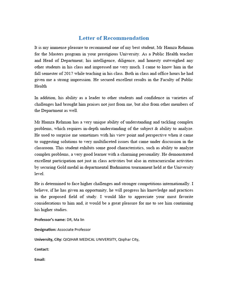 Letter of Recommendation Public Health | PDF