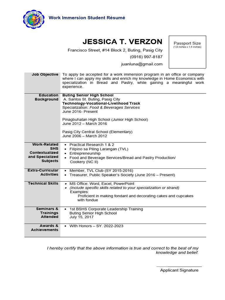Work Immersion BSHS Student Resume LONG SIZE | PDF