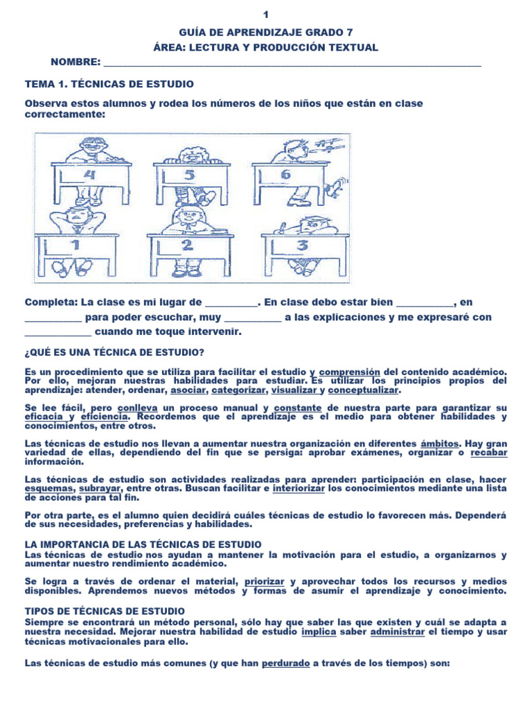 GUÍA DE APRENDIZAJE GRADO 7 Lectura | PDF | Habilidades de estudio ...