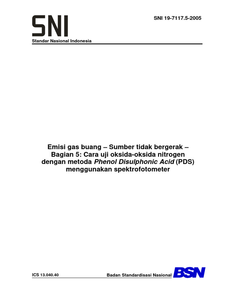 SNI 19-7117.5-2005 Emisi Gas Buang Tidak Bergerak NOx PDS Menggunakan Spektrofotometer | PDF