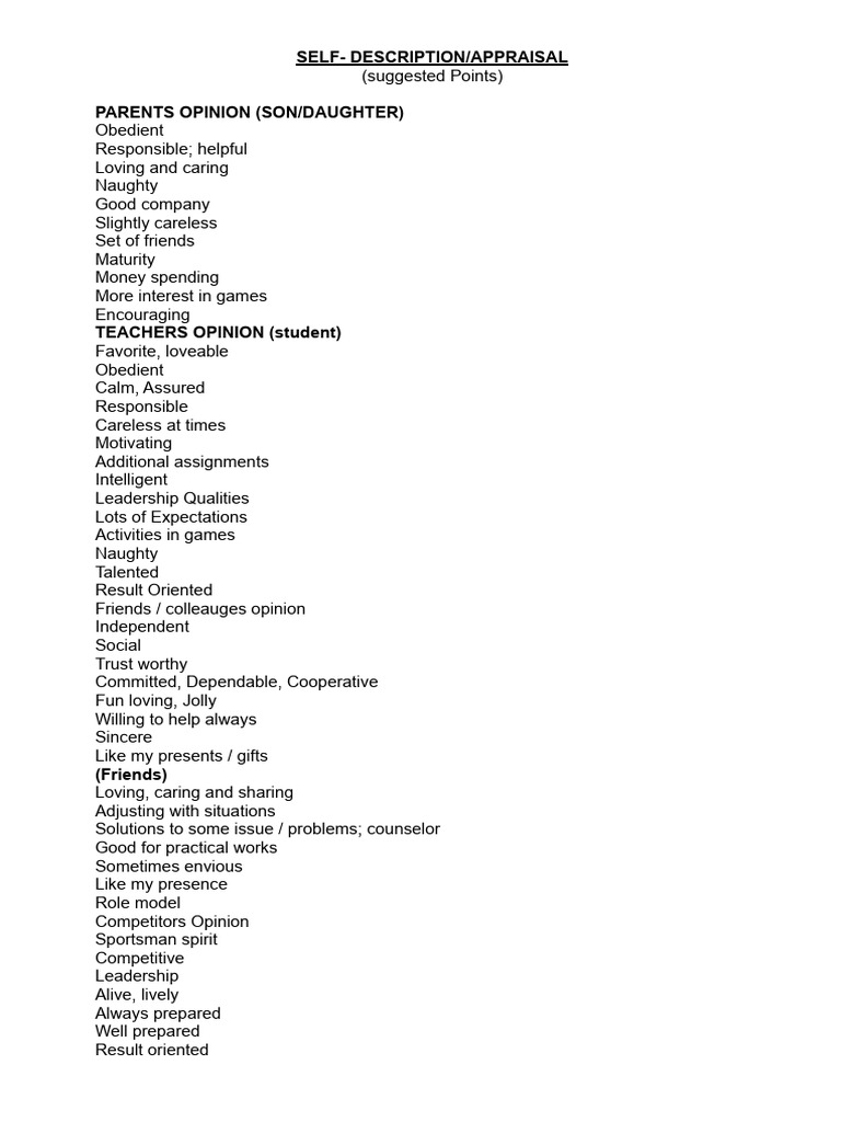 Self Description | PDF | Leadership | Team Building