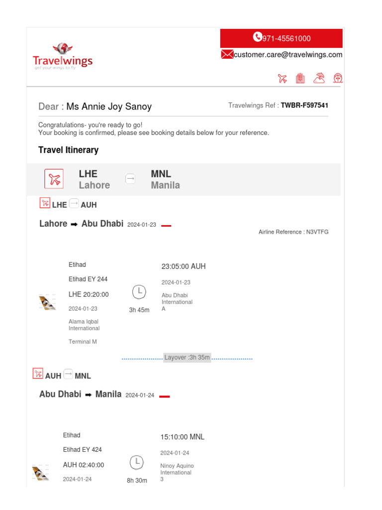 Lhe-Mnl 23 Jan 2024 Annie Joy Sanoy | PDF | Travel Visa | Transport
