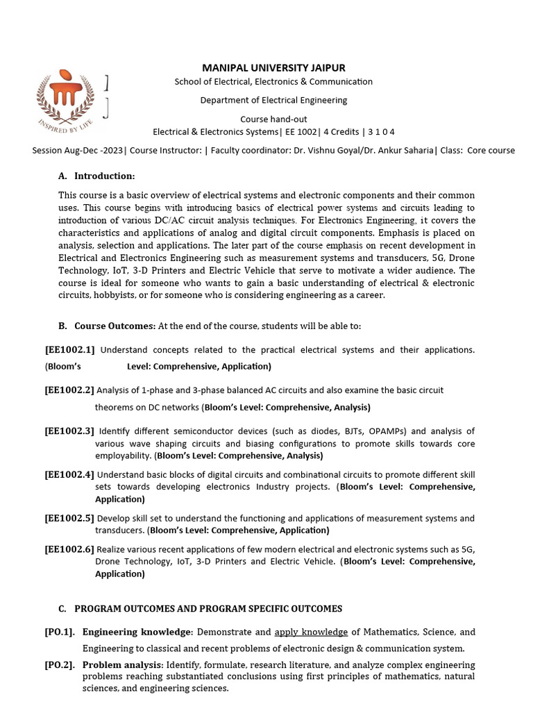 Final Course Handout Electrical & Electronics Systems | PDF | Engineering | Electronics