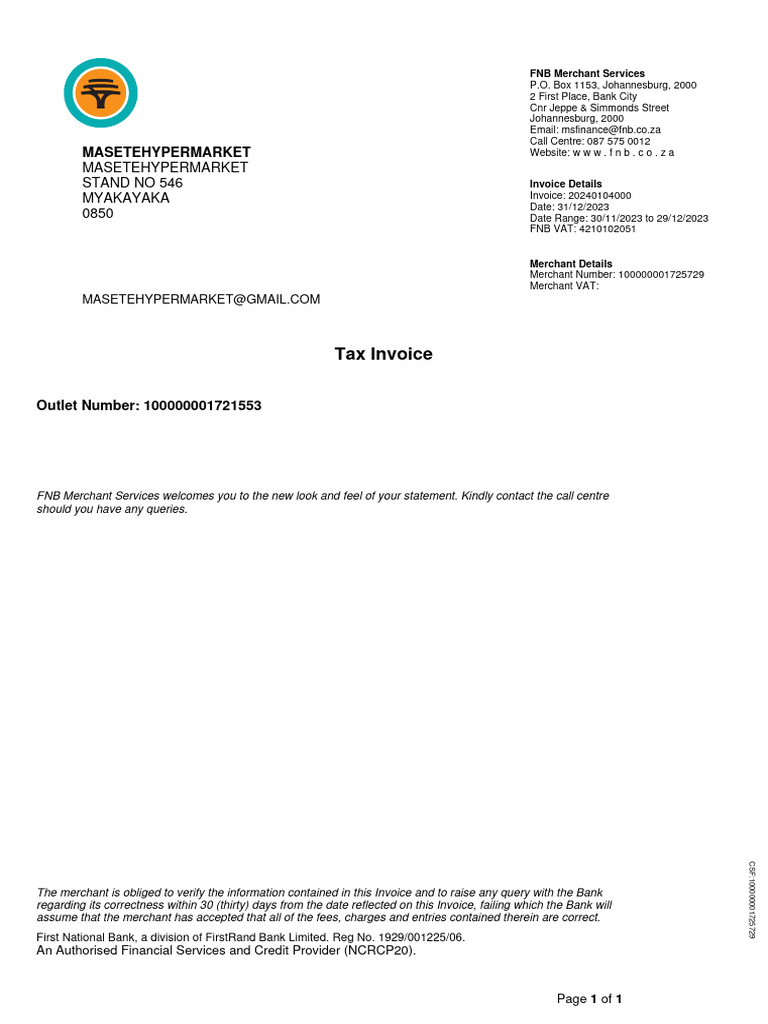 FNB Merchant Invoice Verification Notice | PDF | Banking | Services ...