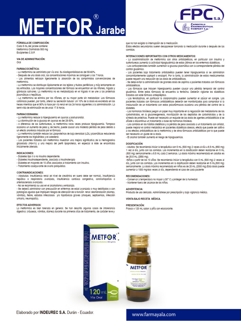 Prospecto METFOR JARABE | PDF | Medicamentos con receta | Diabetes
