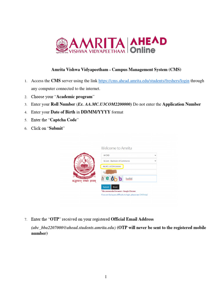 Amrita CMS Guide for Freshers | PDF | Login | Cyberspace