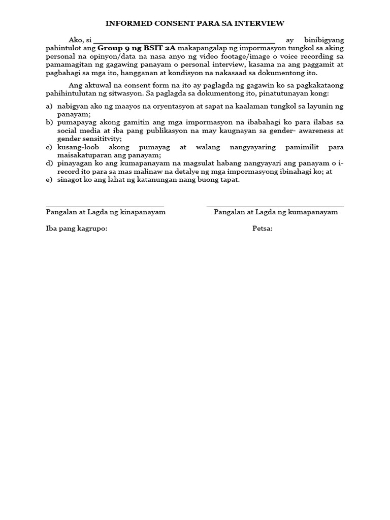 Informed Consent para Sa Interview | PDF