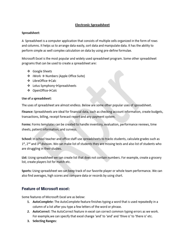 Spreadsheet & Features | Download Free PDF | Spreadsheet | Microsoft Excel