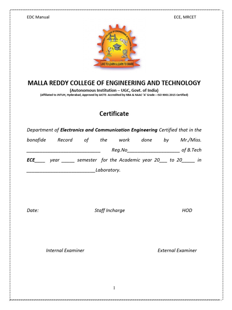 Ece Edc Lab Manual - 2022 | PDF | Capacitor | Switch