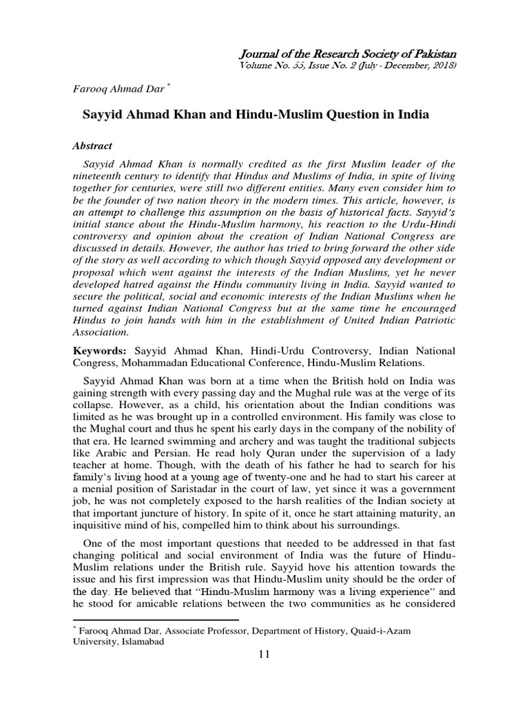 Sayyid Ahmad Khan and Hindu-Muslim Question in India: Journal of The Research Society of ...