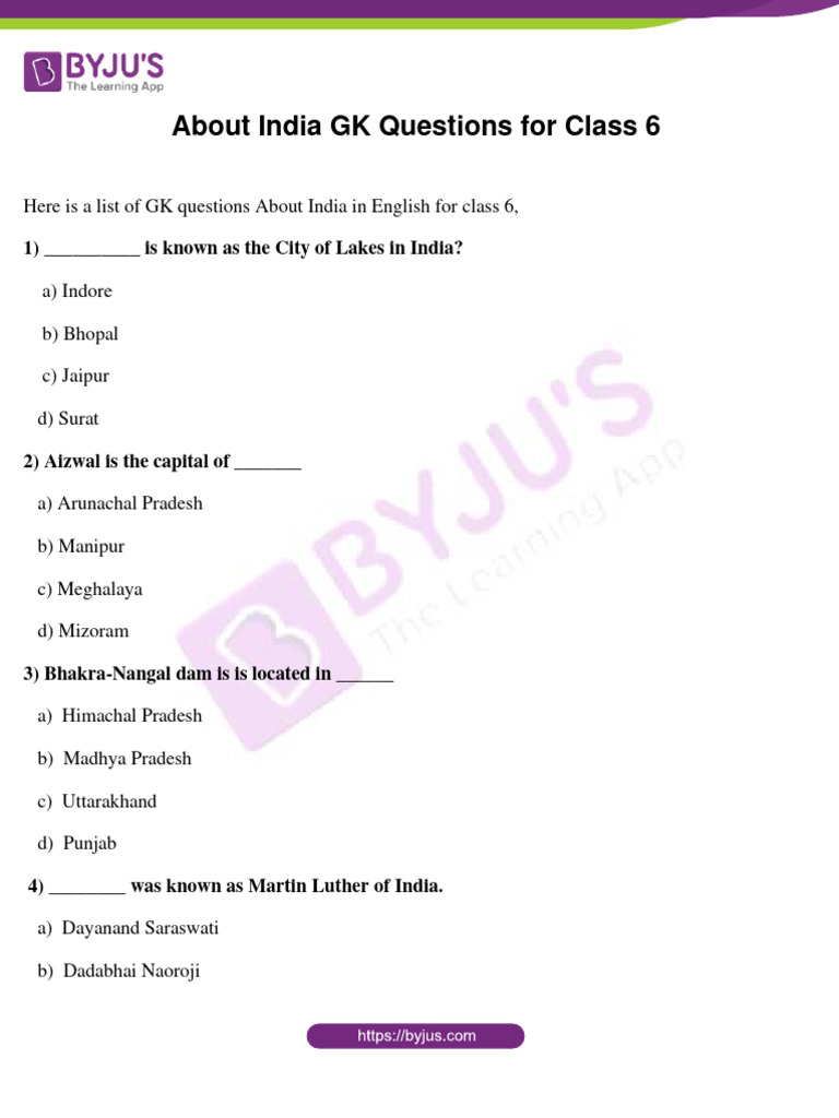 About India GK Questions Class 6 | PDF