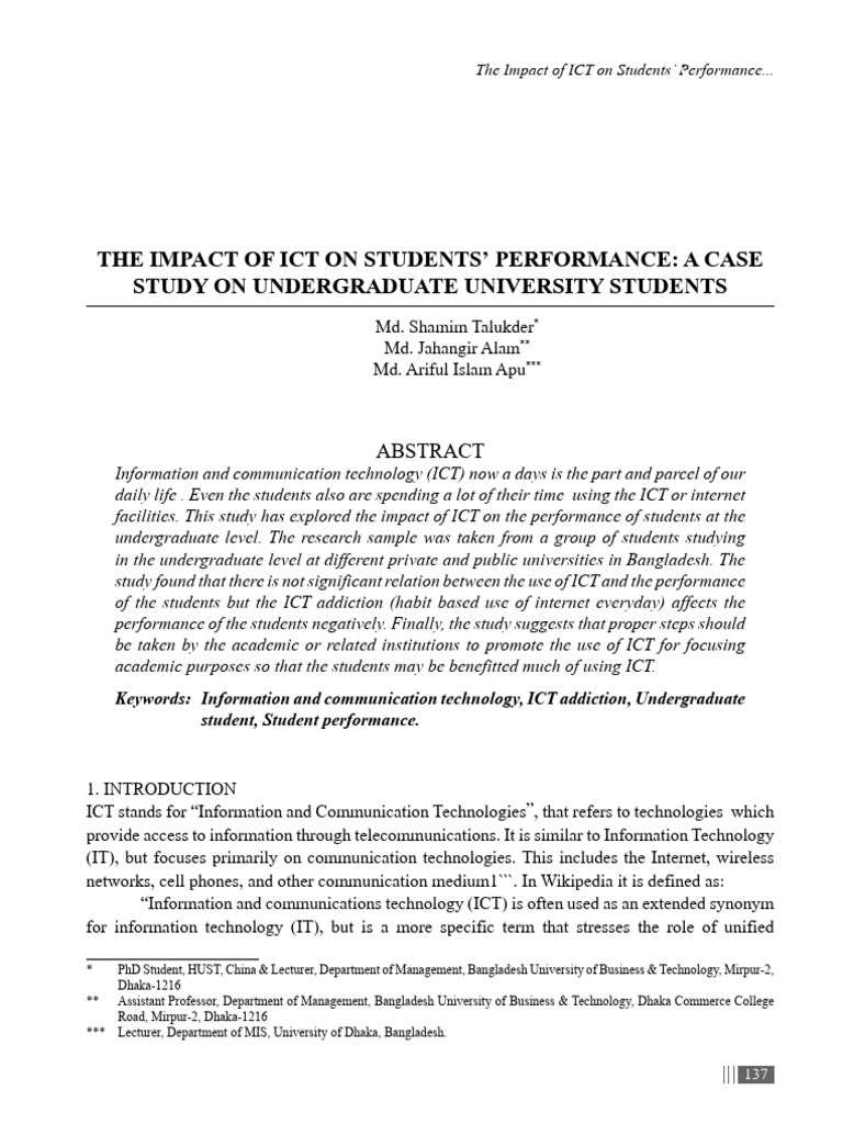 The Impact of Ict On Students' Performance: A Case Study On Undergraduate University Students ...